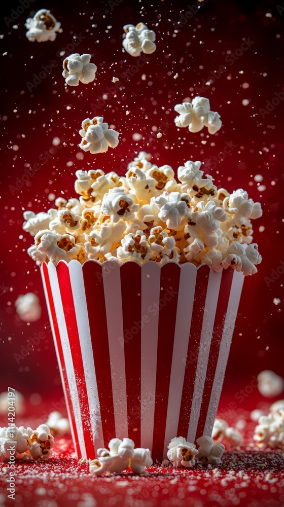 Popcorn spills from a classic red and white striped box on a vibrant ...