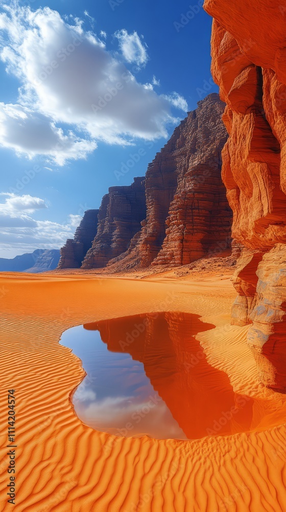 Rocky desert formations with sand in the foreground, capturing the ...