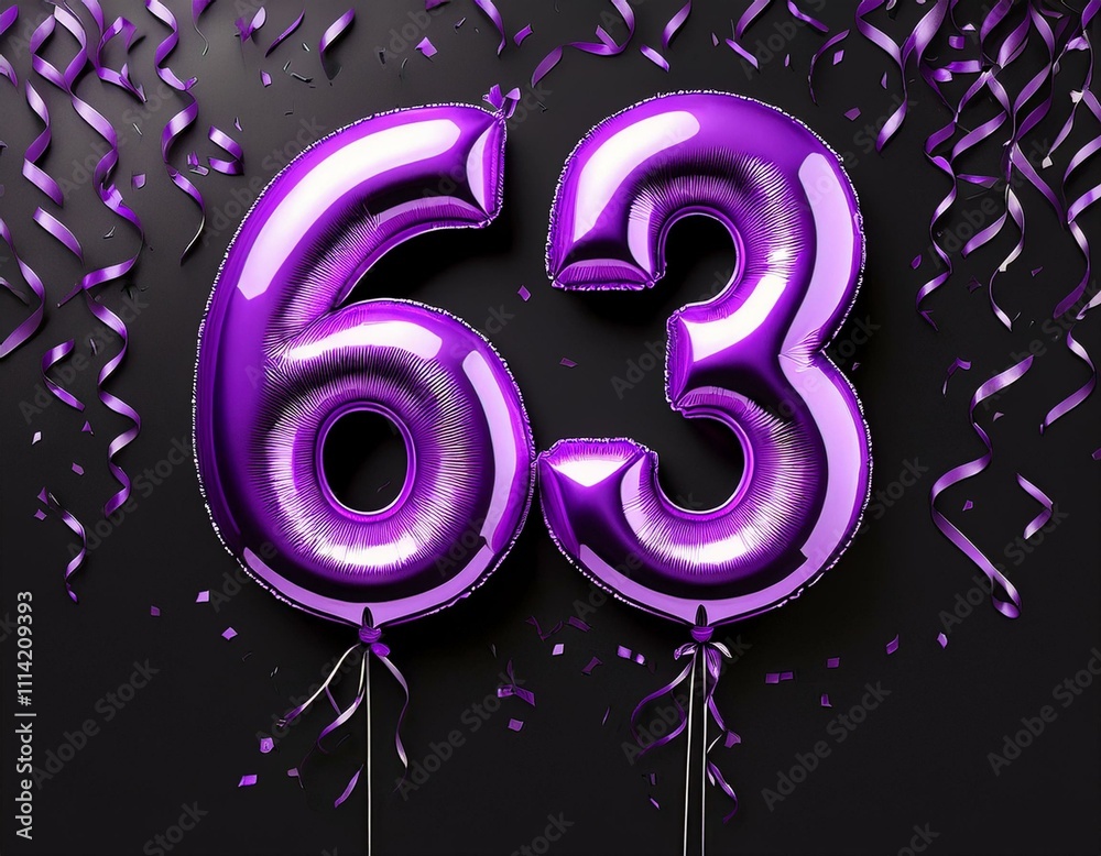 Purple birthday / anniversary balloon, number 63, black background with ...