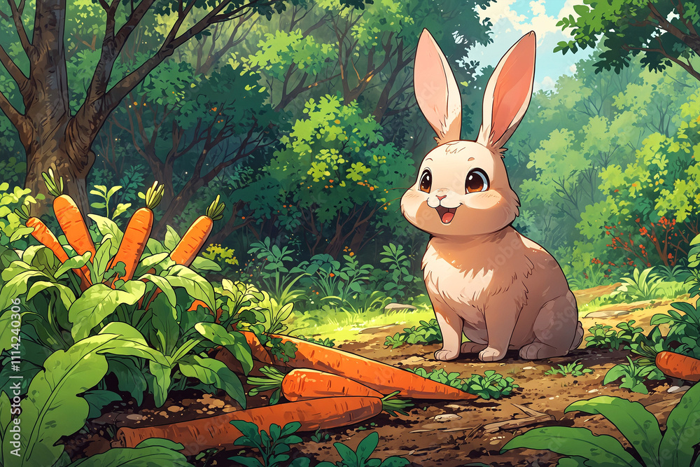Charming illustration of a happy bunny rabbit in a lush forest setting, surrounded by carrots. A ...