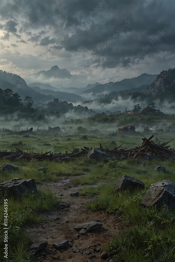 Evocative landscape painting of a misty valley with remnants of a ...