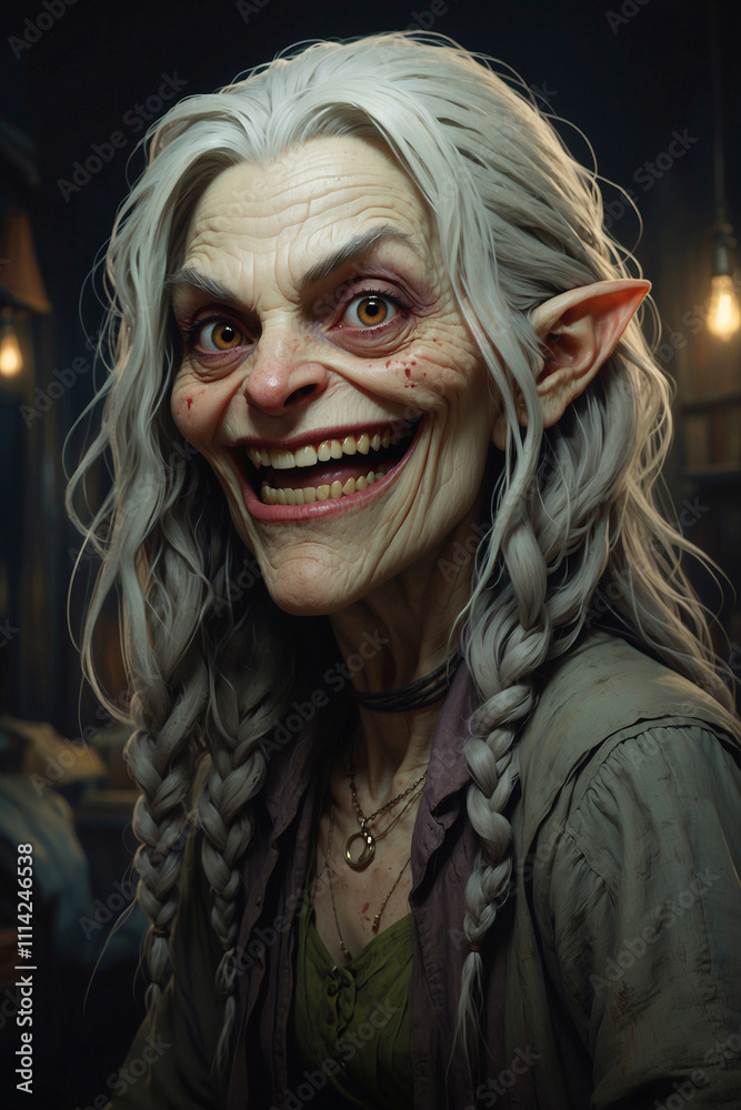 Foto de Stock Evil elf woman with a sly smile. 3D render for games and ...