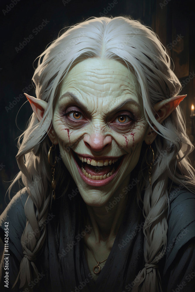Evil elf woman with a sly smile. 3D render for games and fantasy ...