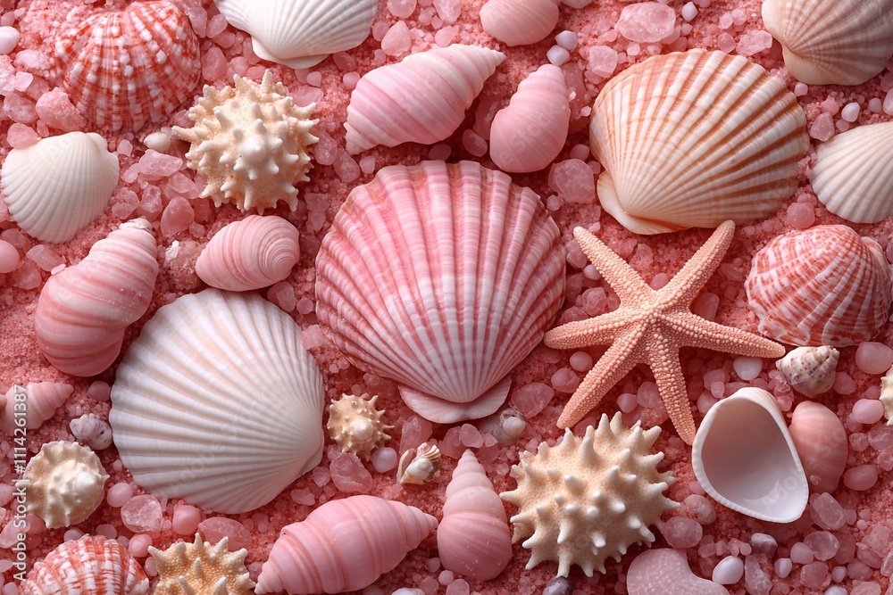 Pink and white seashells scattered on beach sand, starfish, and pink ...