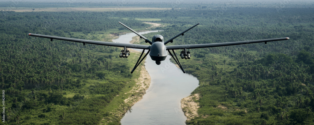 Military drone mq-9 reaper on surveillance mission over tropical forest ...
