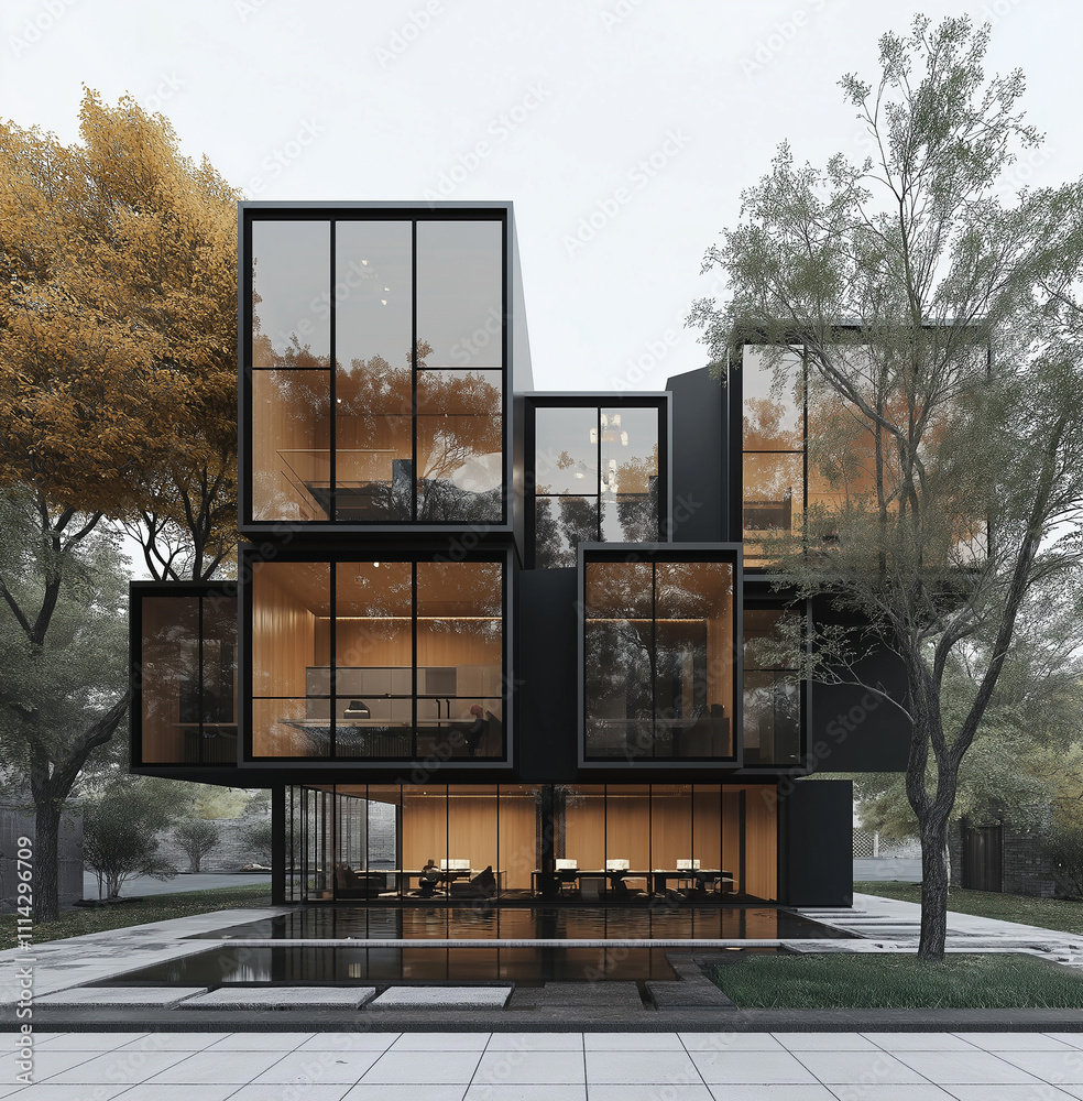 Architectural rendering of a tight cluster of modern, minimalist office ...