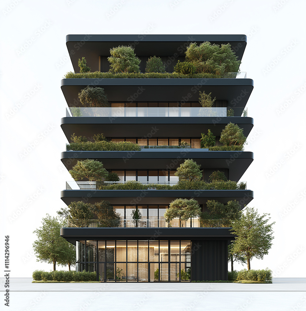 3d rendering, A modern office building with large glass windows and ...