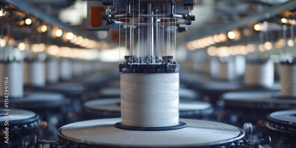 Industrial Textile Manufacturing Process: Close-up of High-Speed Yarn ...