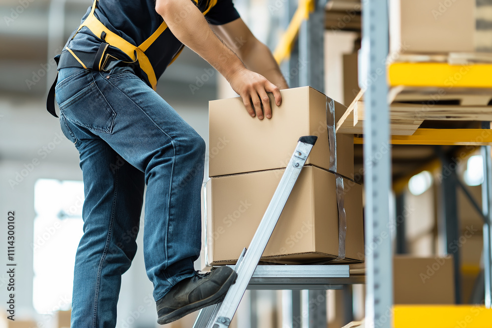 Warehouse worker in a safety harness carefully places cardboard boxes ...