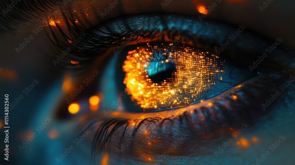 The human eye glows with digital data. Its blue color reflects orange ...