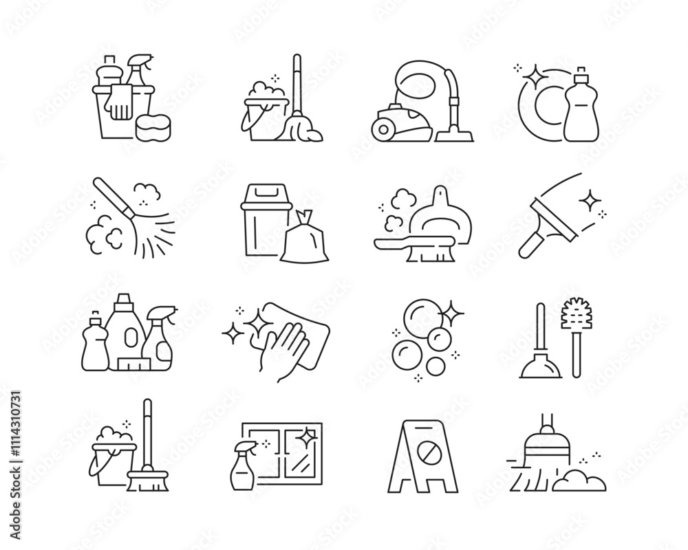 Cleaning and Housework Icon collection containing 16 editable stroke ...