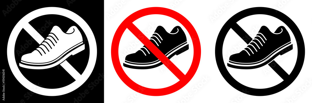 no shoes prohibition sign for print. vector warning sign for office ...
