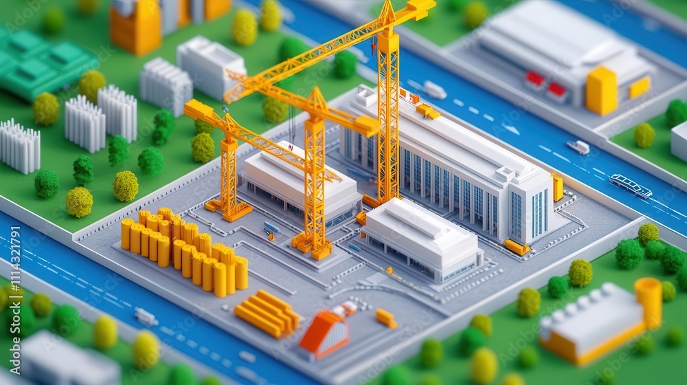 Isometric view of an airport expansion site with cranes building new ...