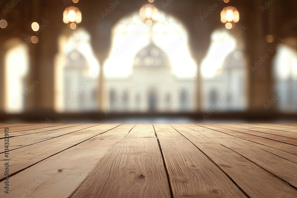 Wood floor board on blur mosque ramadan background. Window breakfast ...