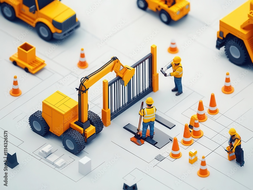 Workers installing gates at a new airport terminal, isometric ...