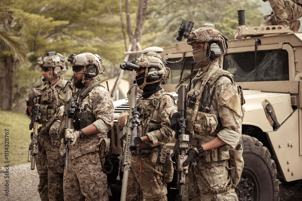 United States Army in camouflage uniforms operation in the forest.with ...
