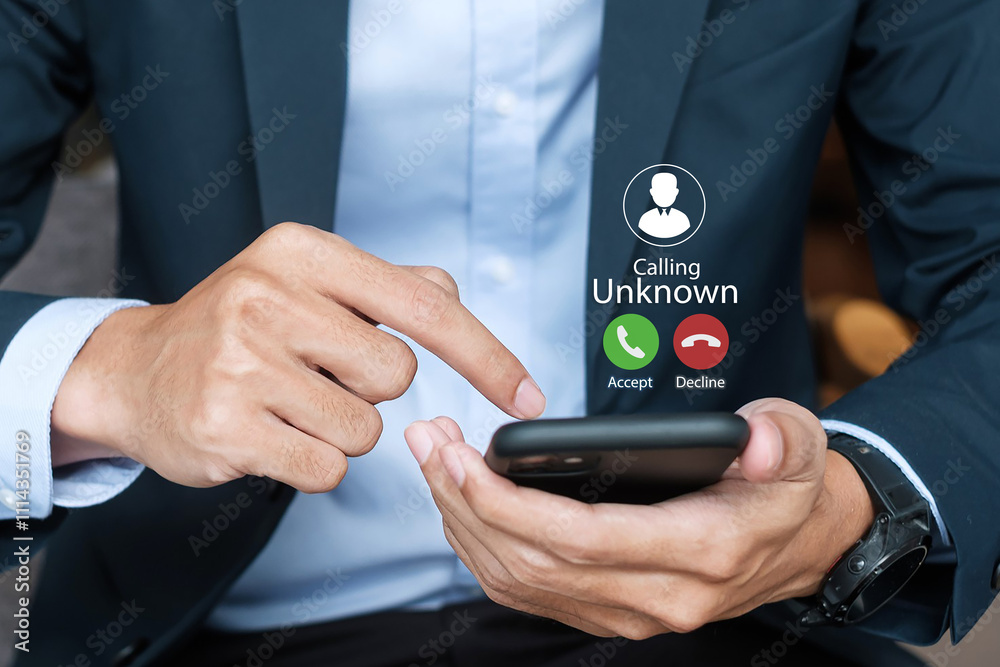 Human use smartphone with incoming call from unknown number, spam ...