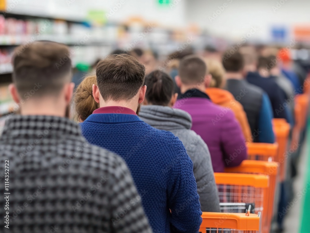 People Waiting in a Long Checkout Line at a Supermarket with Shopping ...