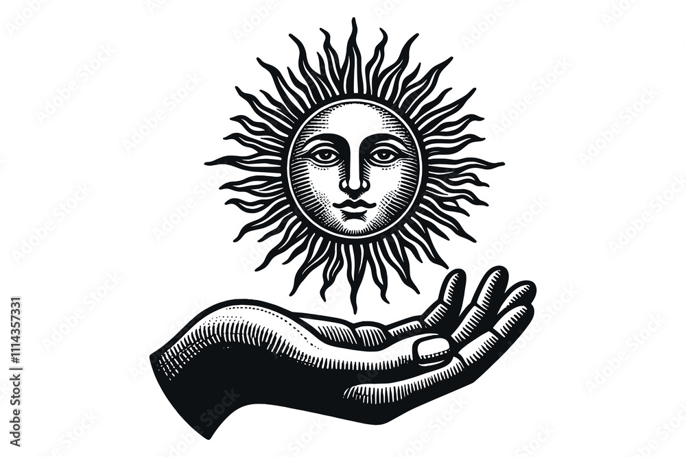 Stock-Vektorgrafik „Vintage black-and-white engraving of a radiant sun ...