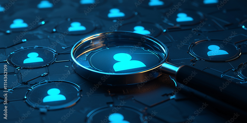 Magnifying glass focusing on digital icons of users on a technological ...
