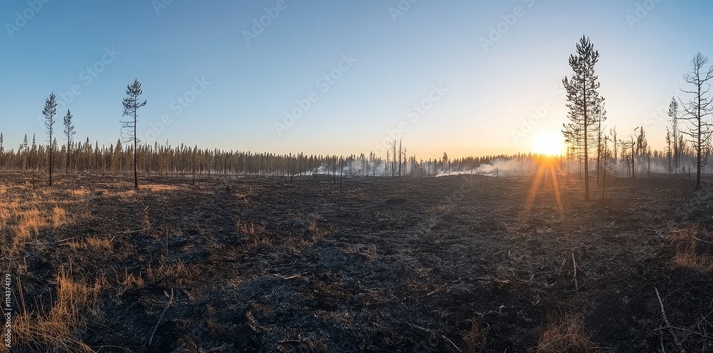 Burning remains and scorched earth depict the ravaging effects of a ...