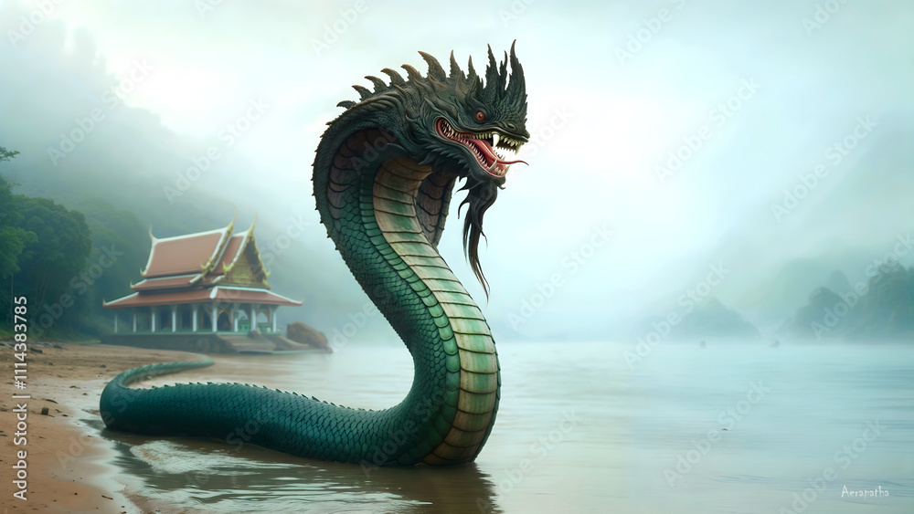 green serpent, Thai Naga, green naga king, Naga is on the river bank ...