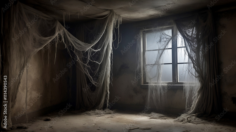 Halloween scary haunted abandoned basement room full of cobwebs and a ...