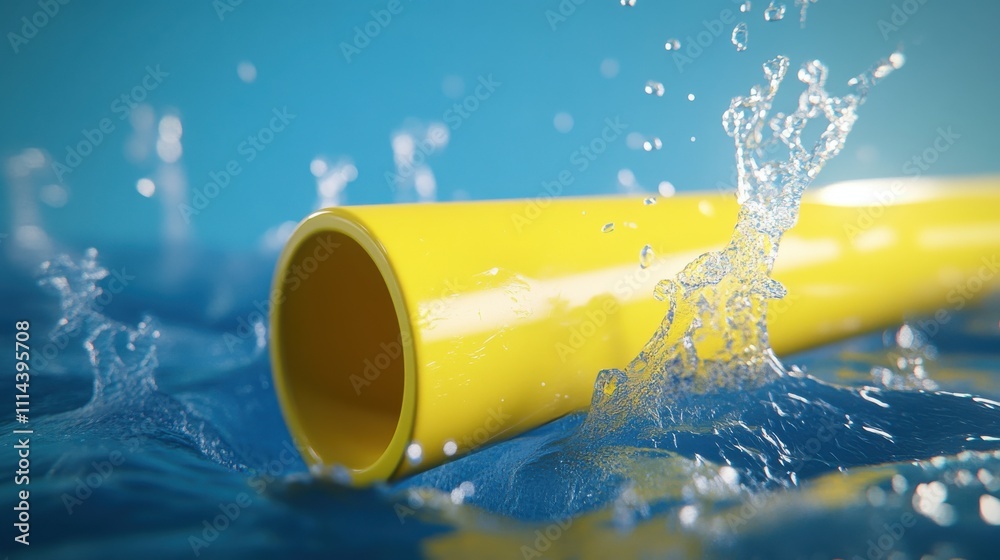 Bright Yellow Pipe Surrounded by Splashes of Water in a Blue Background ...