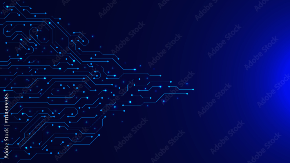 AI circuit board with glowing particles on dark blue background ...
