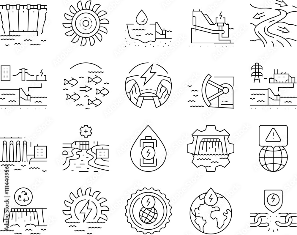 hydroelectric power plant energy icons set vector. hydro dam, station ...
