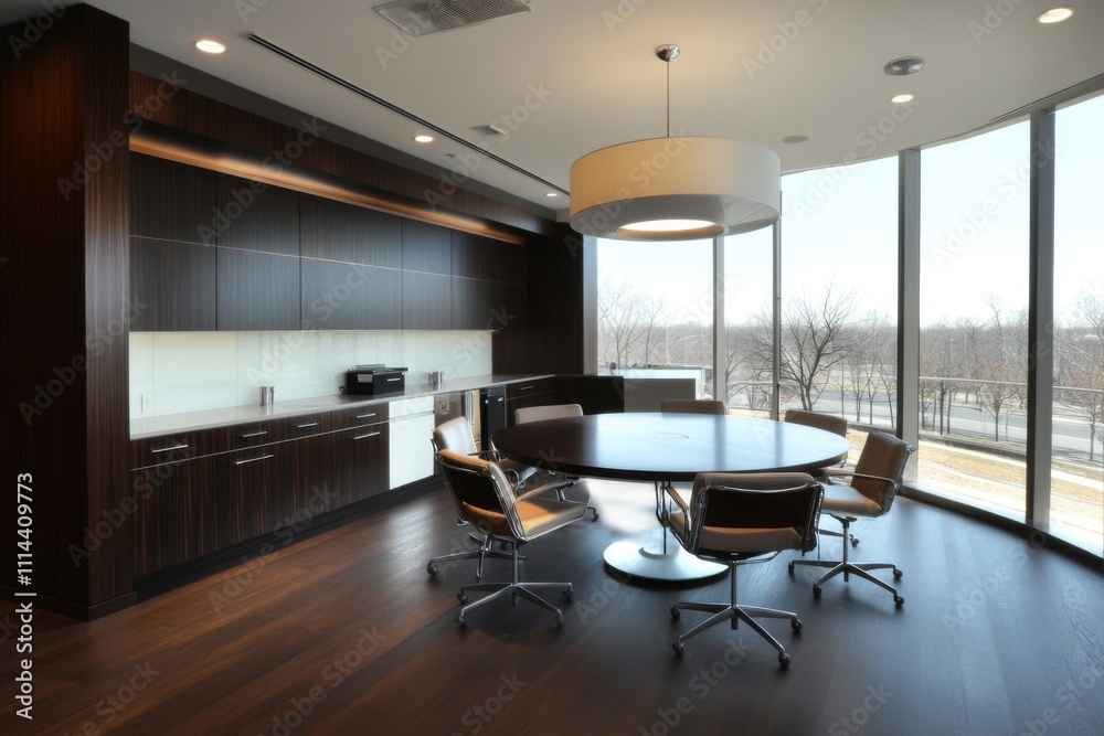 Modern Office with Dark Brown Wood Paneling, Black and White Kitchen ...