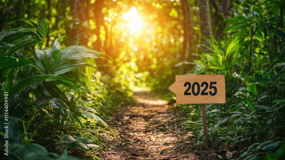 Lush green forest with sunlight breaking through, a path marked "2025 ...