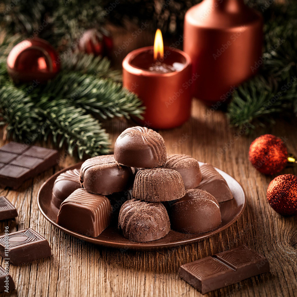 Indulgent chocolate assortment on a rustic table adorned with festive ...