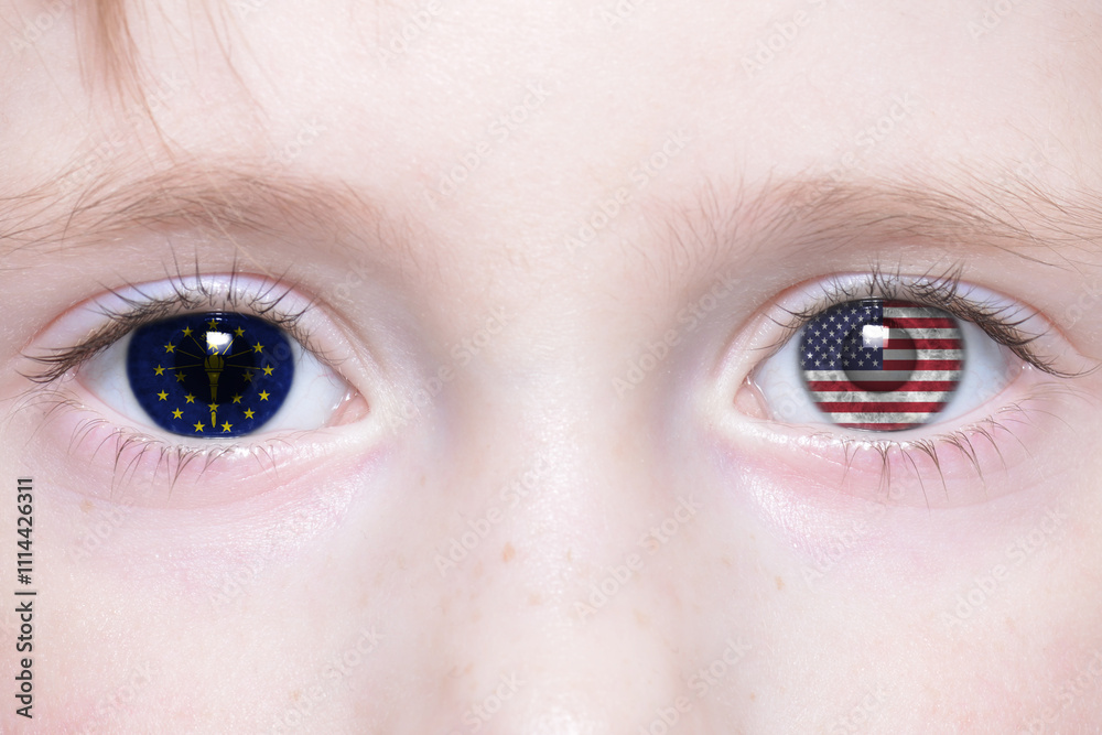 human face with national flags of indiana state and united states of ...