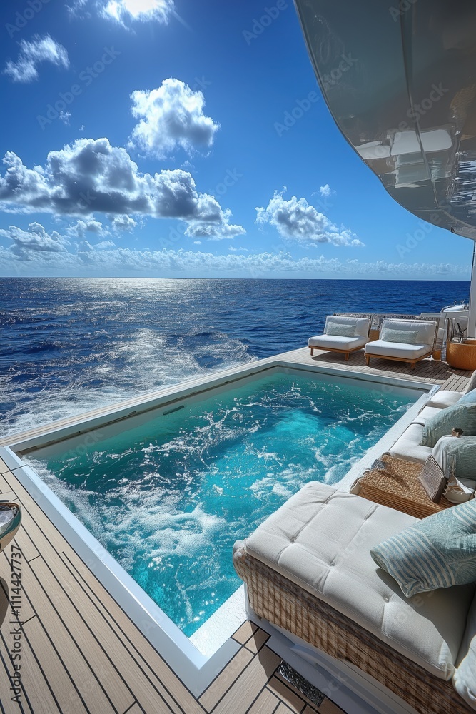 Luxury yacht with a serene jacuzzi pool, sailing under a sunny blue sky ...