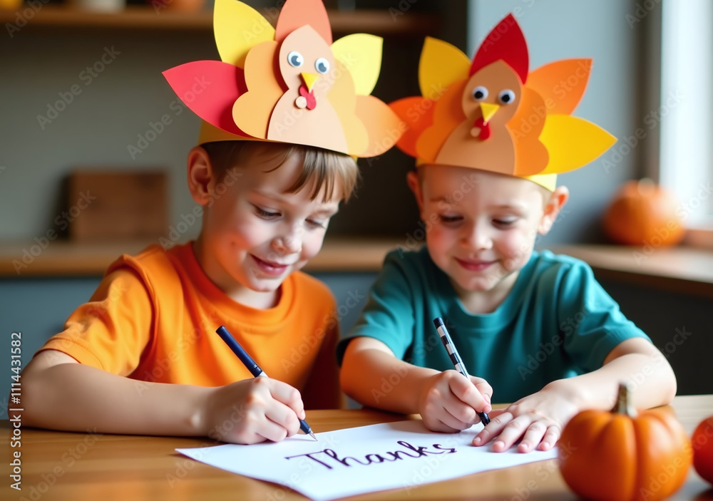 boy girl wear turkey hats write thanks paper craft making diy ...