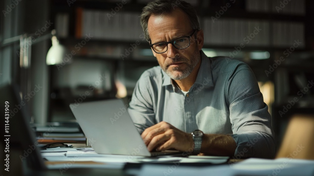 Thoughtful businessman working late at night with laptop in a modern ...