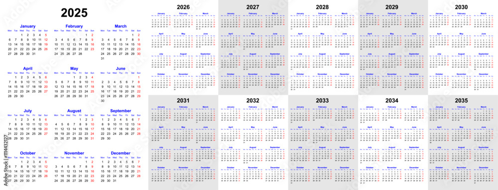 2025 to 2035 calendar set on white. minimal vector calendar set. new ...