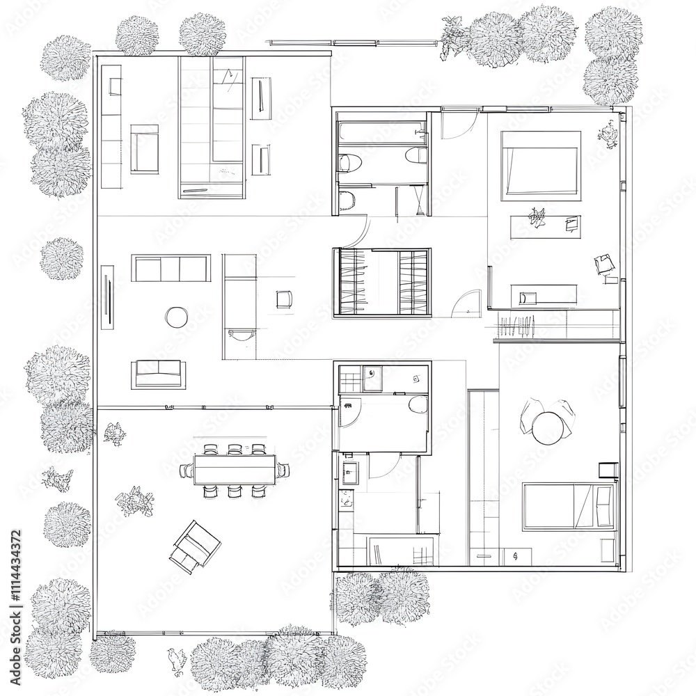 Minimalist CAD floor plan of a single-story house with labeled rooms ...