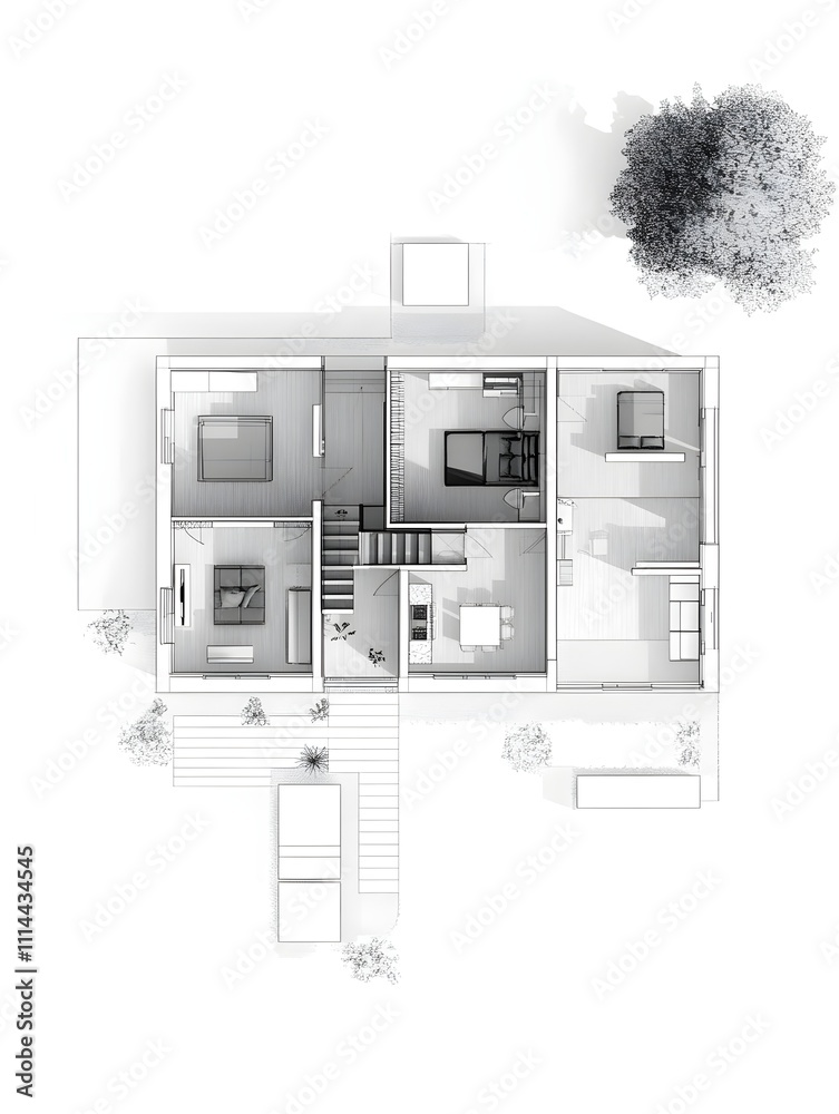Minimalist CAD floor plan of a single-story house with labeled rooms ...