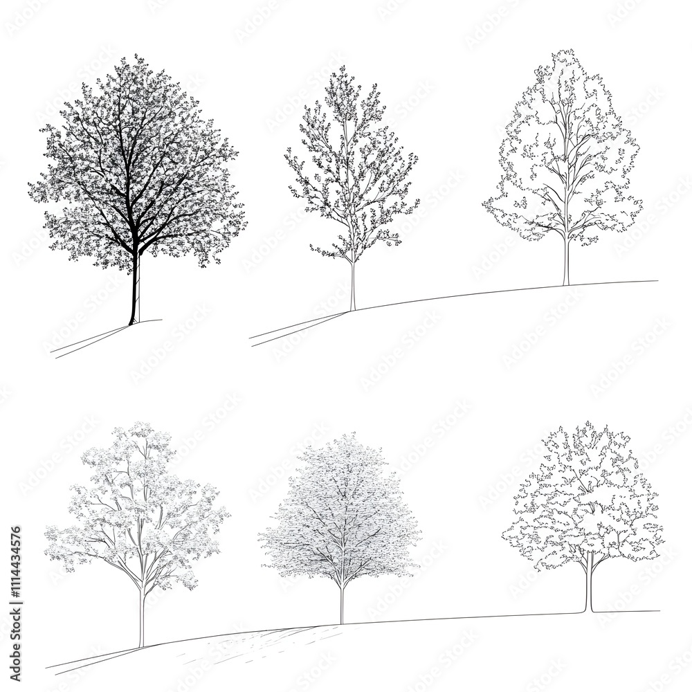 Minimal style CAD tree line drawing, side view, a set of graphic tree ...