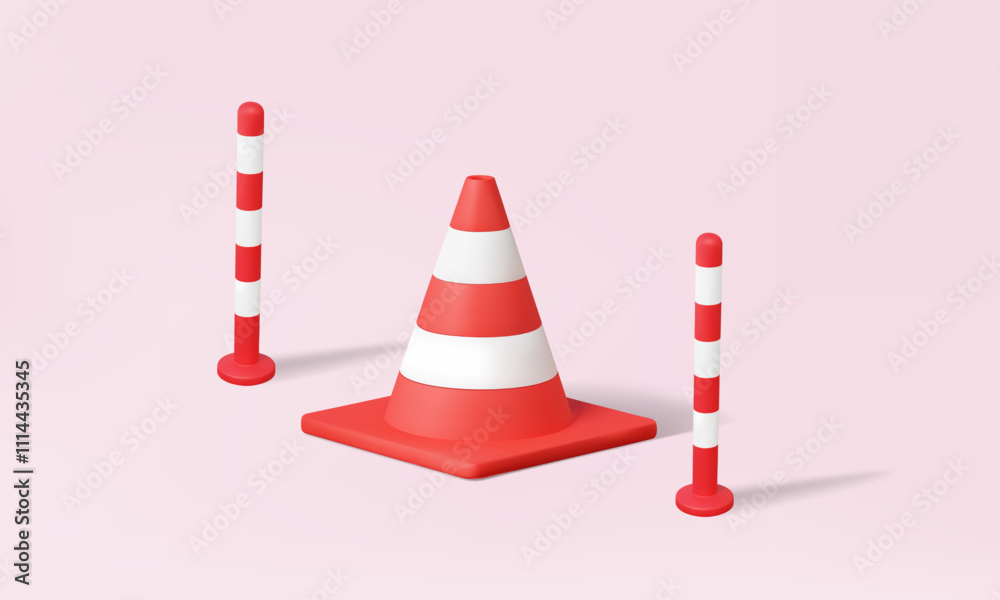 3D vector bollard with red traffic plastic cone sign symbol warning ...