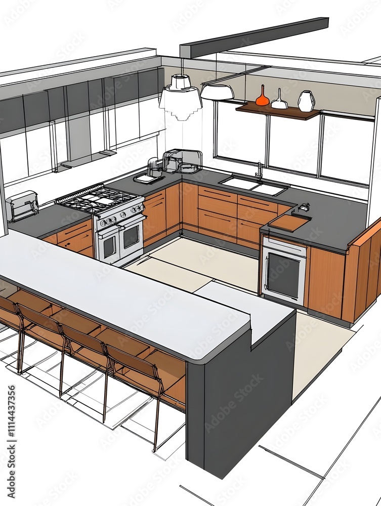 Ilustración de Stock CAD schematic of a modern kitchen layout ...