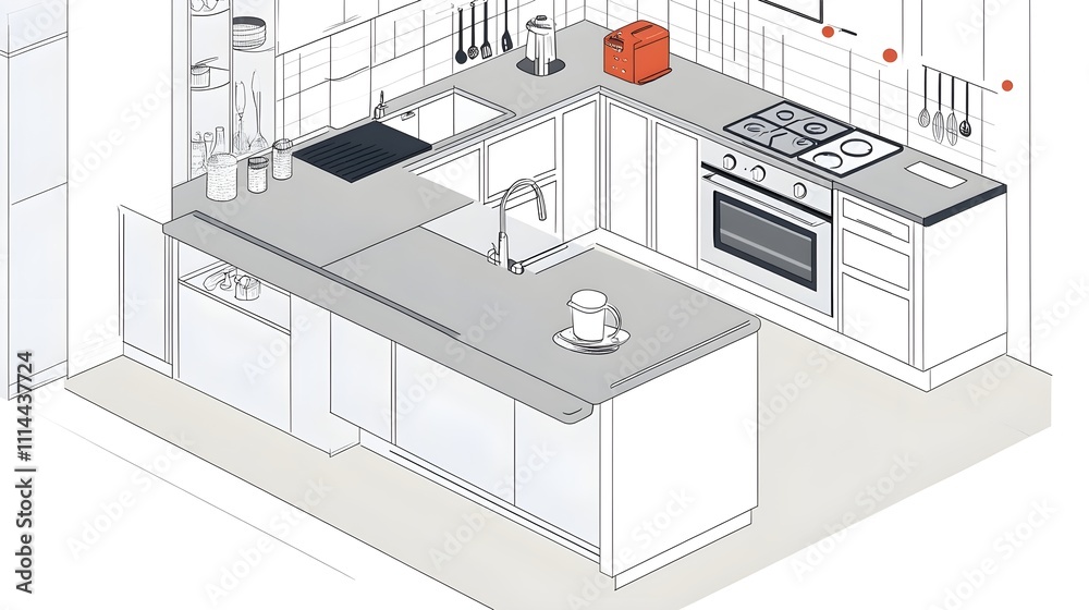 CAD schematic of a modern kitchen layout, including counters ...