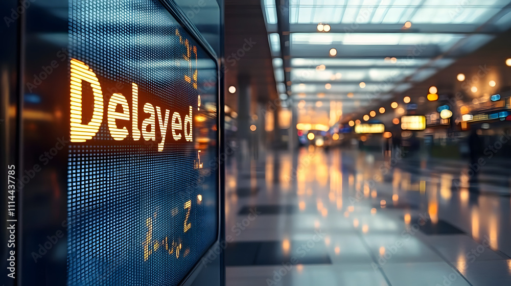 Flight information display showing delayed status in an airport ...