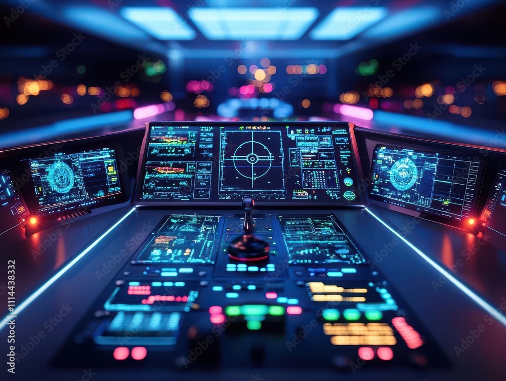 Hightech control room of an autonomous ship, showcasing modern ...