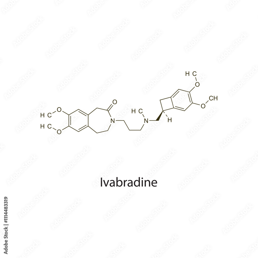 Ivabradine flat skeletal molecular structure selective sinus node If ...