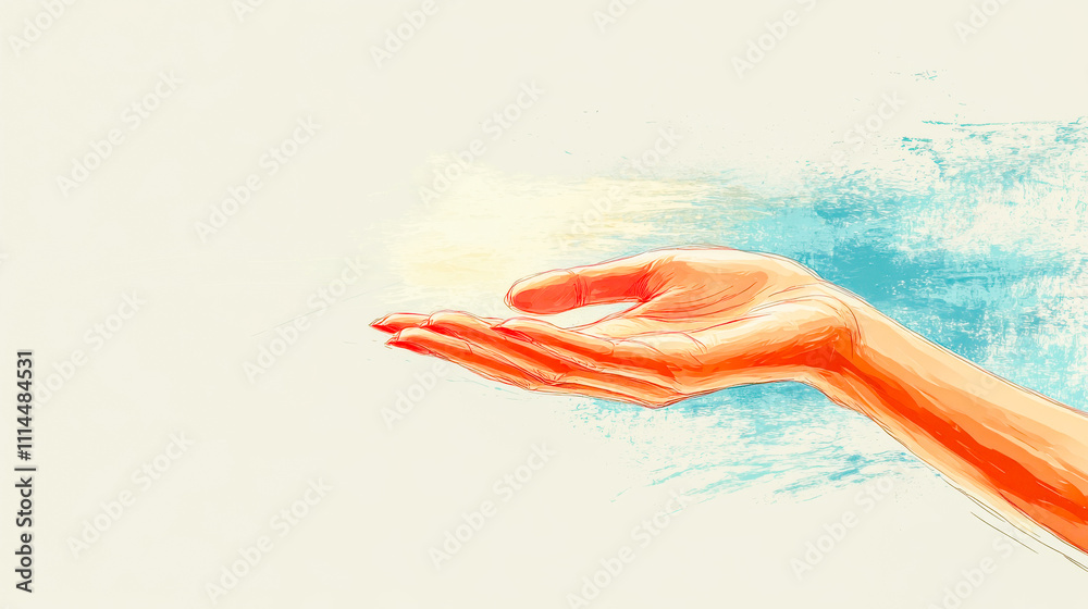 Artistic abstract painting of an open hand reaching out with blue and ...