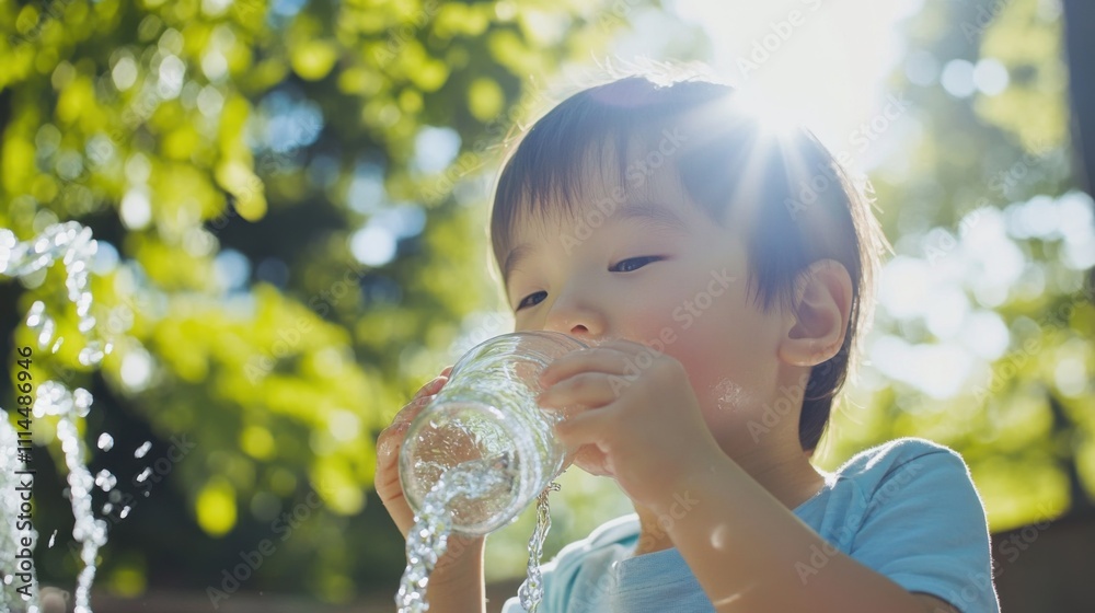 Young child drinking fresh water from a glass under sunlight in a lush ...
