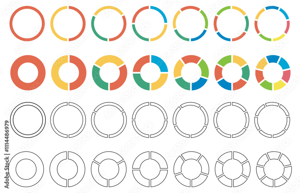 Vector de Stock Donut charts increments, diagrams pie chart set circle ...